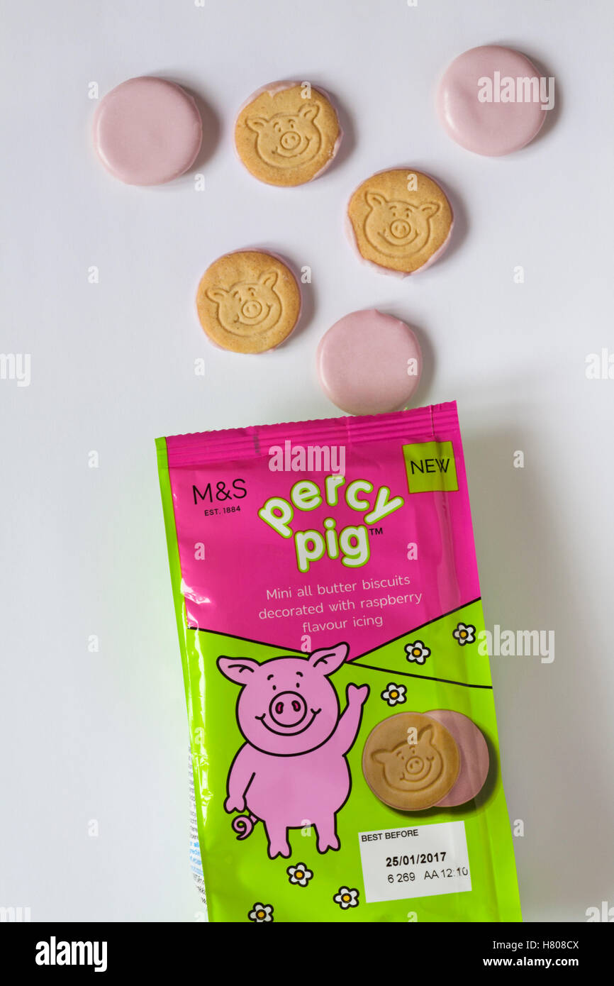 packet of M&S percy pig mini all butter biscuits decorated with ...