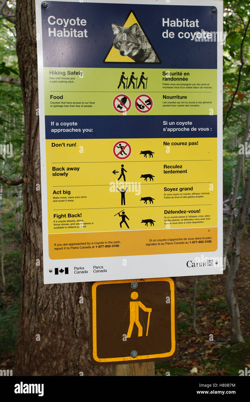 Coyote warning sign, Cape Breton Highlands National Park, Nova Scotia ...