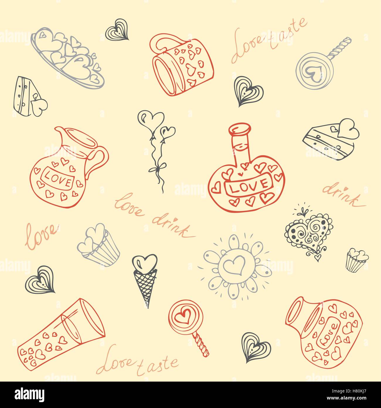 seamless vector background with different cute objects and hearts Stock ...