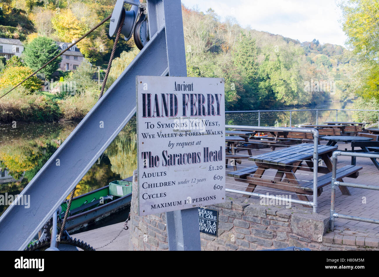 Sign for the Hand Ferry which crosses the River Wye between Symonds Yat ...