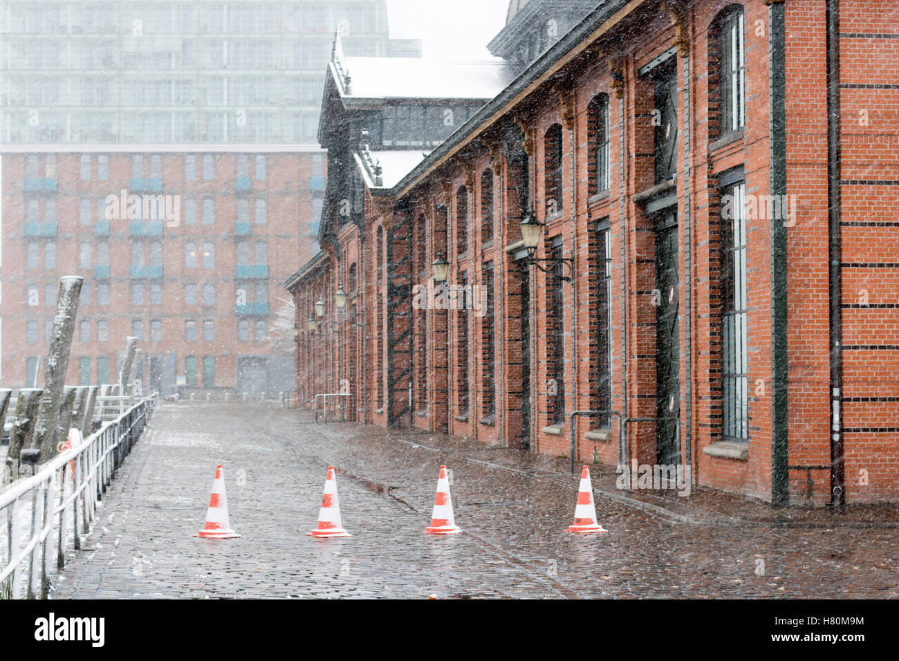 Famous fish market located in Hamburg, Germany during a light snow at ...