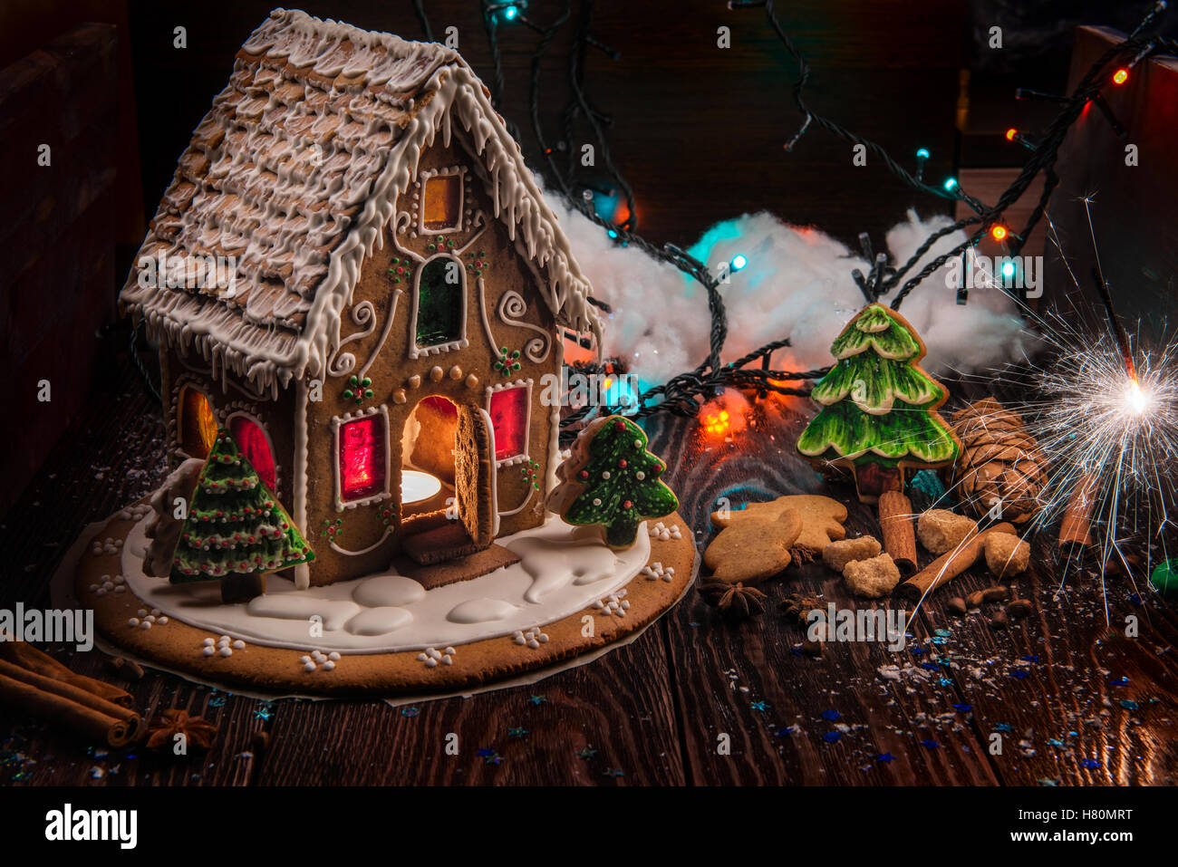 Gingerbread house with lights Stock Photo - Alamy
