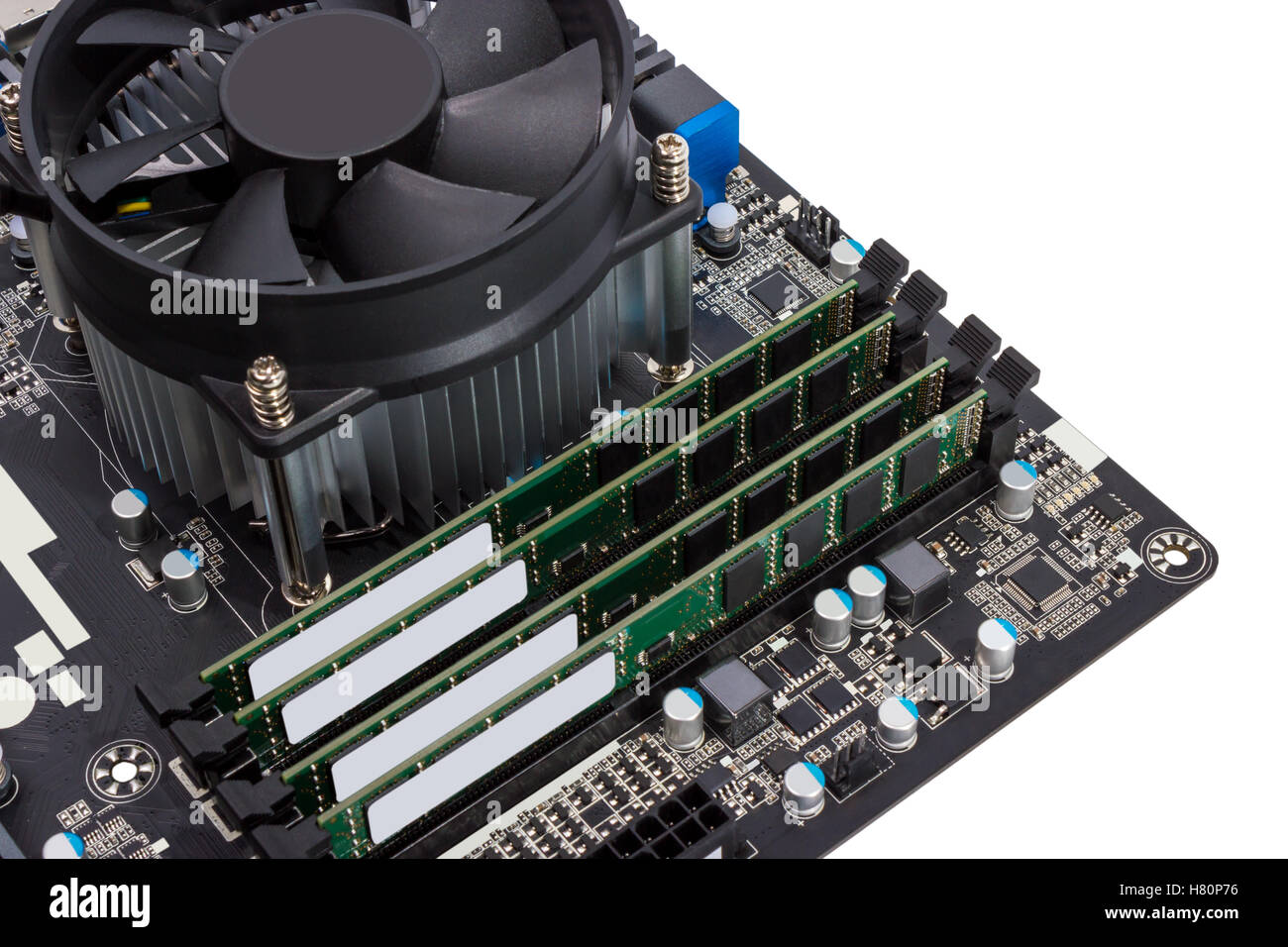 Computer motherboard isolated on white background with CPU cooler Stock ...