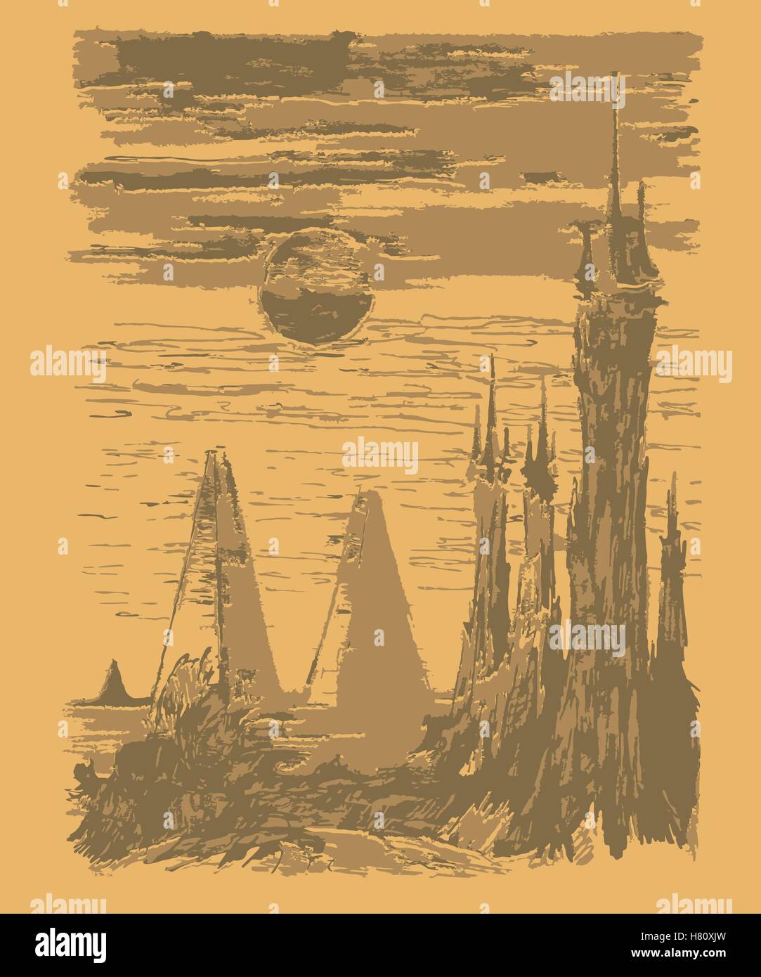 Space landscape stylized vintage graphic. Hand drawn vector ...