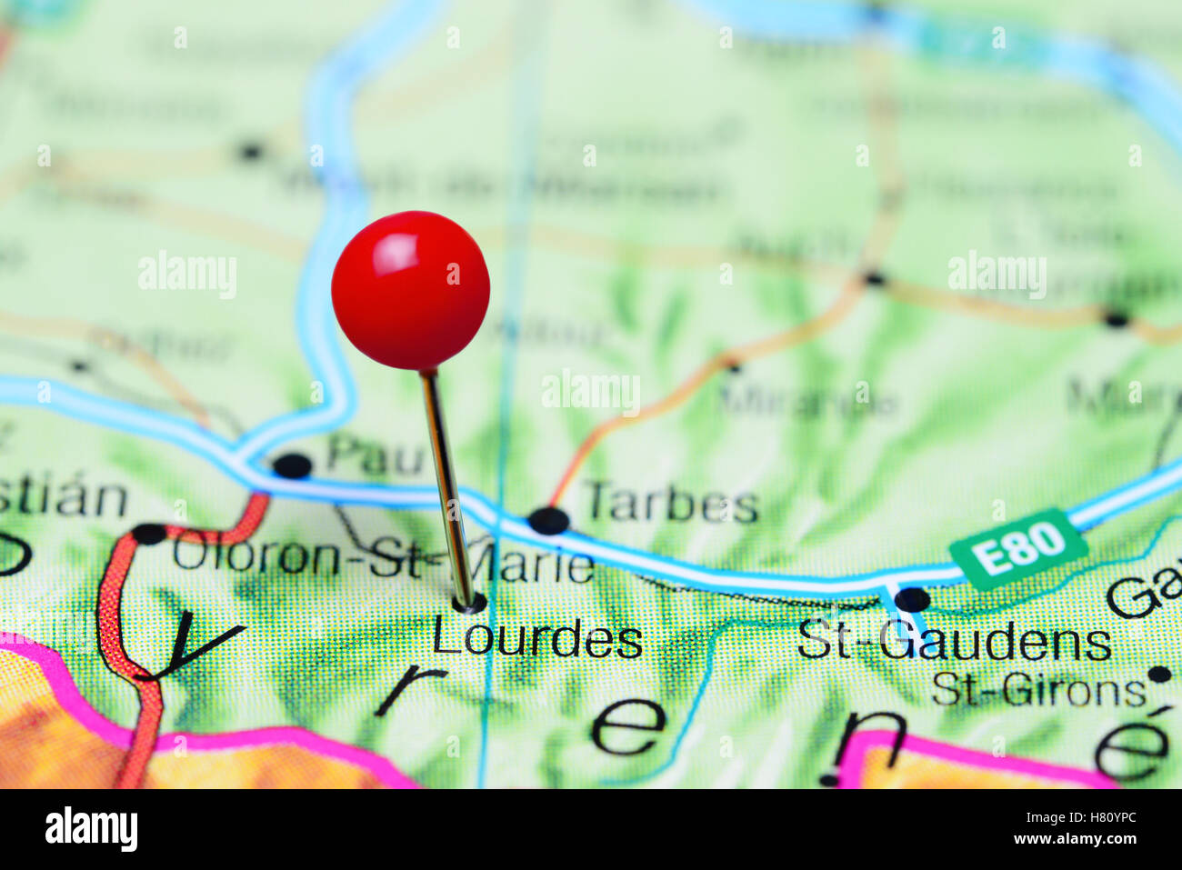 Lourdes pinned on a map of France Stock Photo - Alamy