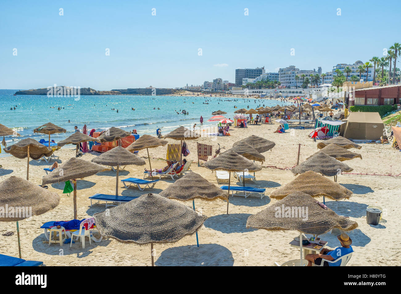 The comfortable sand beach located in the city centre, Monastir Stock ...