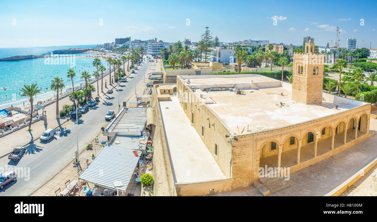 The scenic view on the central beach, promenade, and the Grand Mosque ...