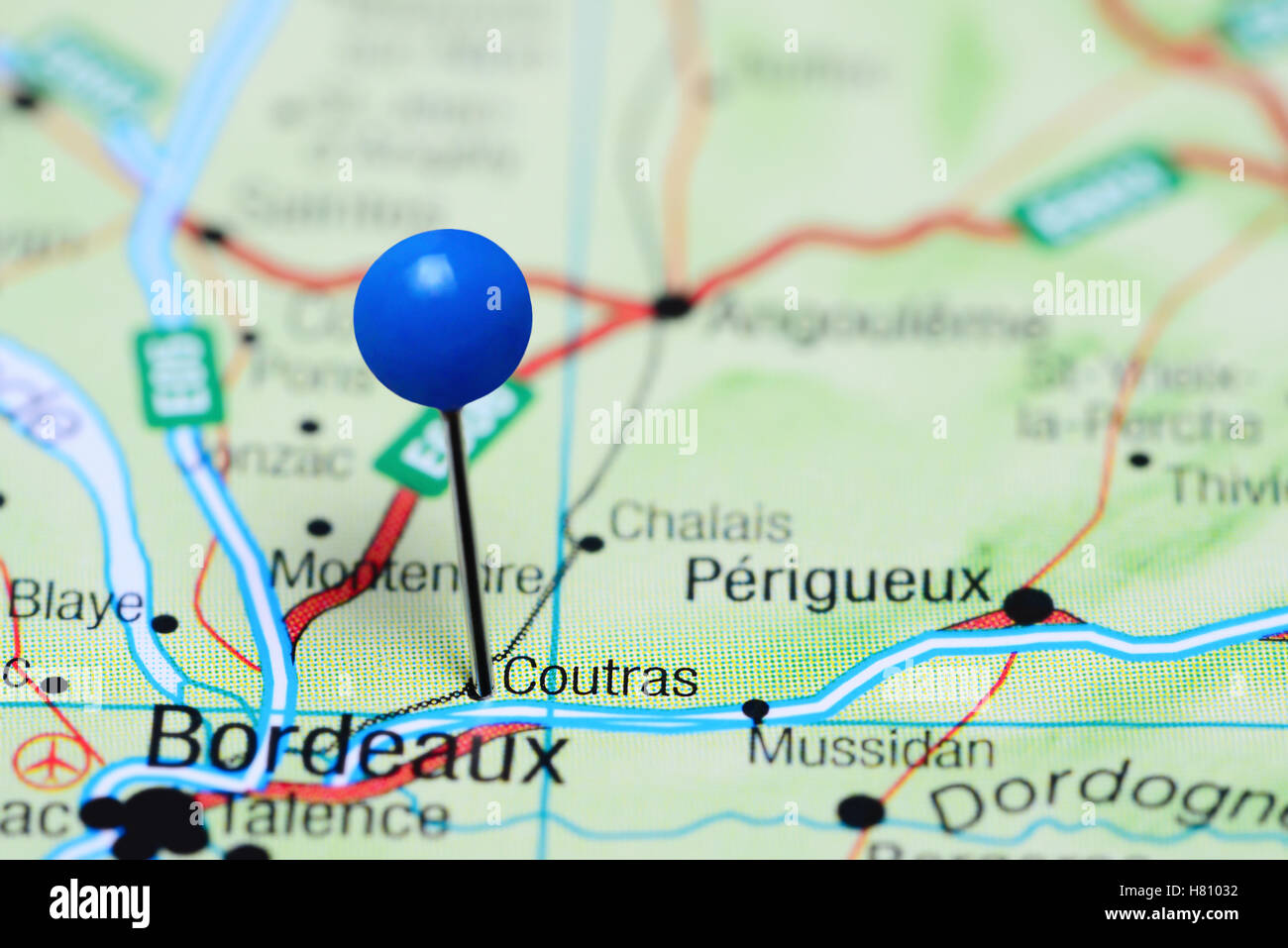 Coutras pinned on a map of France Stock Photo - Alamy