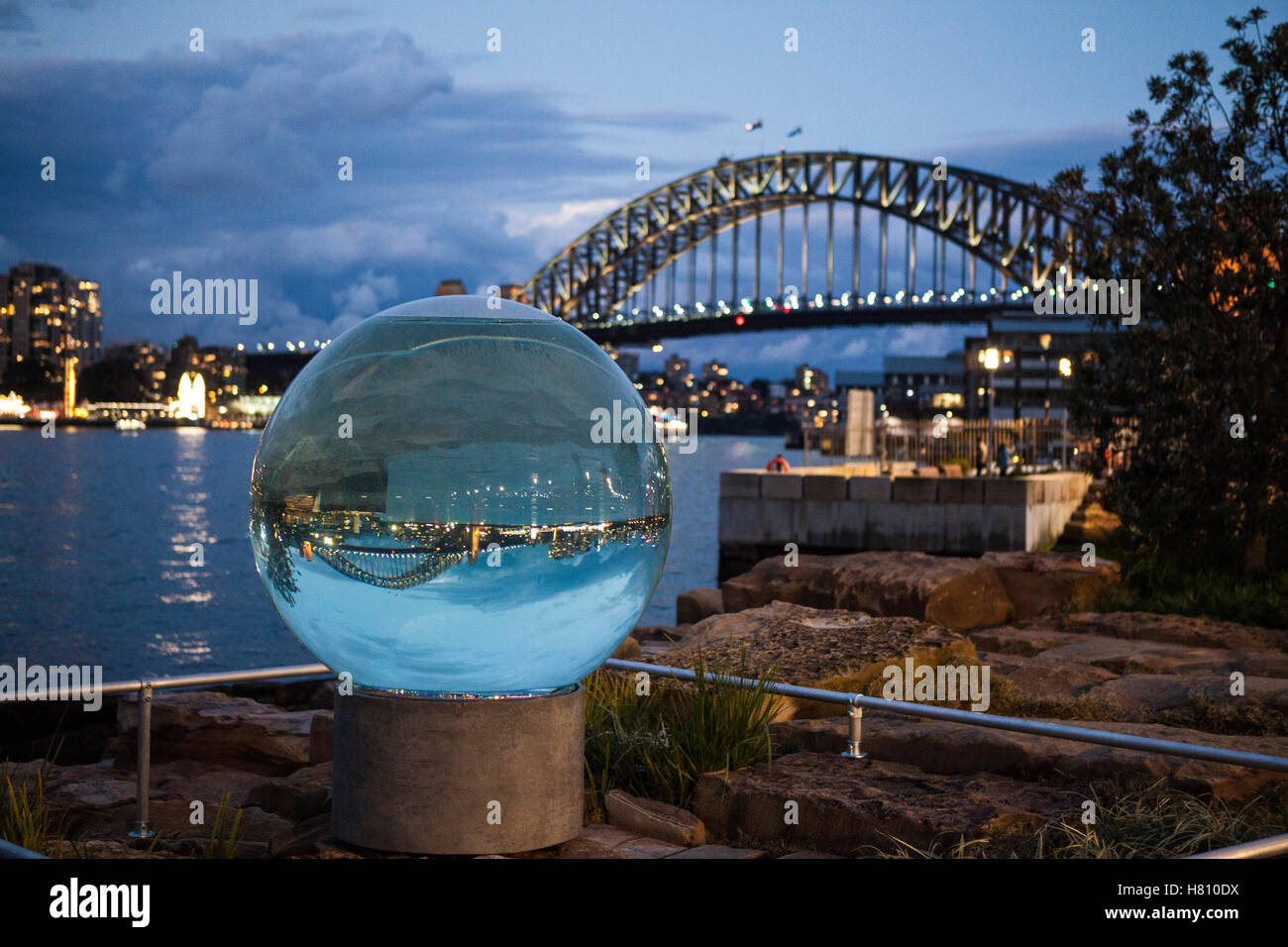 Reflection in glass dome of the Harbour Bridge, Sydney, New South Wales ...