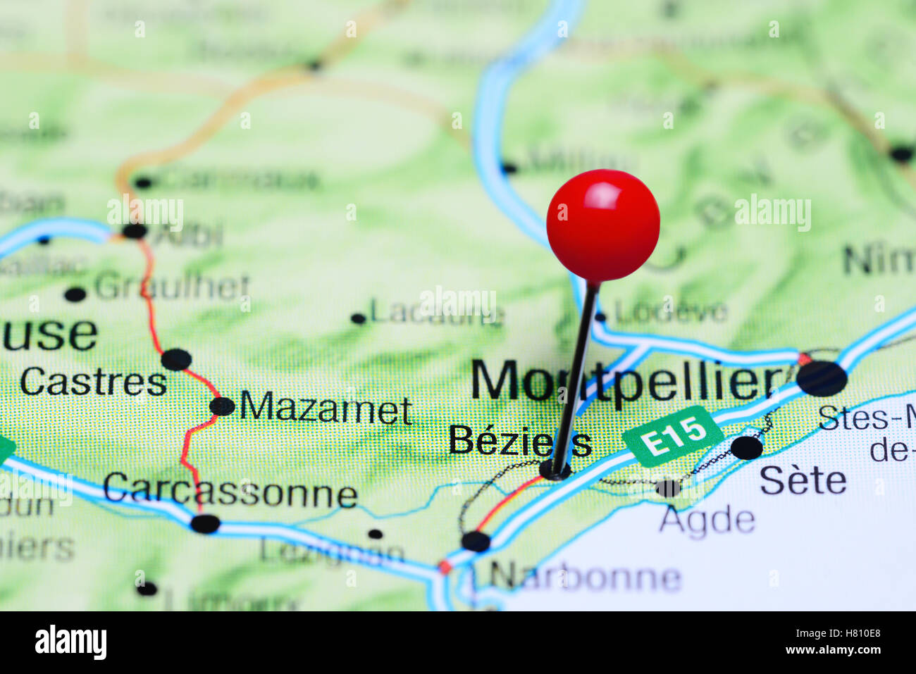 Beziers pinned on a map of France Stock Photo - Alamy