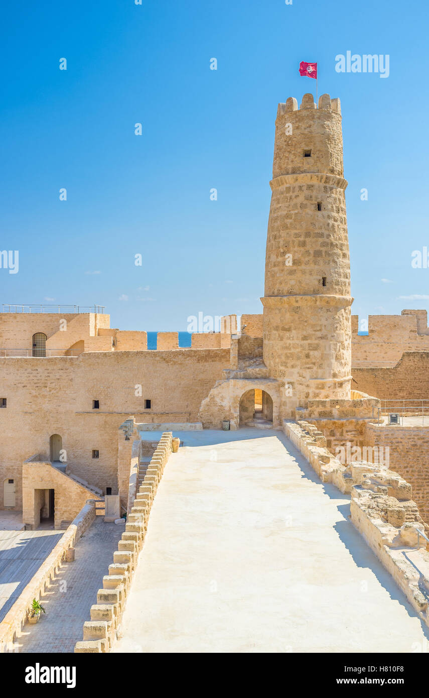 The rampart leads to the main tower of Ribat citadel, Monastir, Tunisia ...