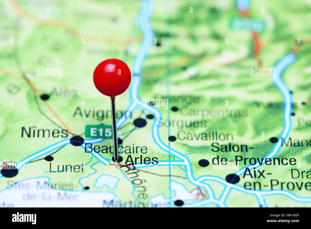 Arles pinned on a map of France Stock Photo - Alamy