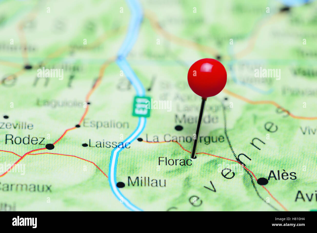 Florac pinned on a map of France Stock Photo - Alamy