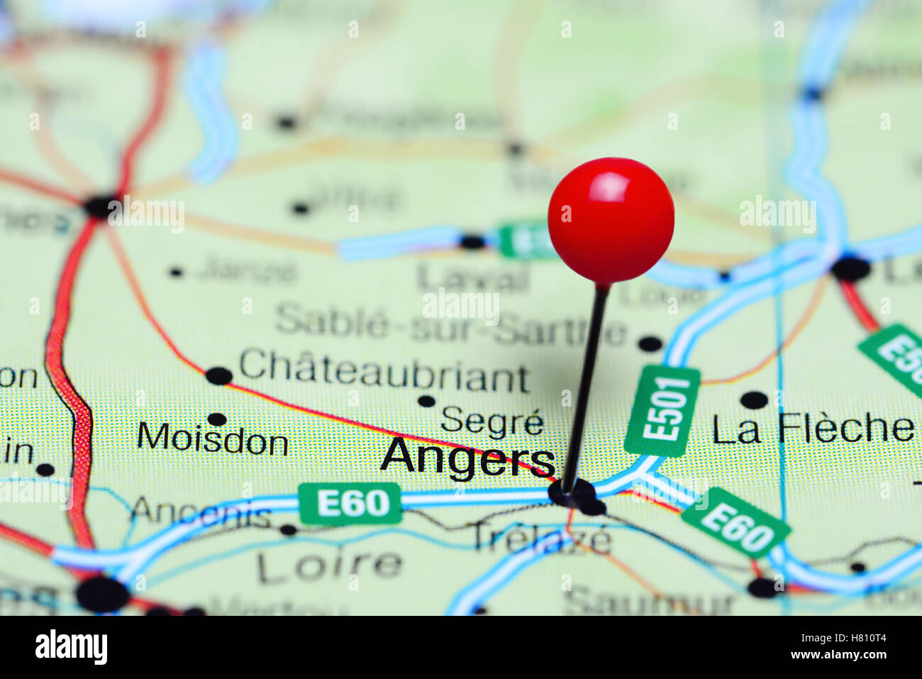 Angers pinned on a map of France Stock Photo - Alamy