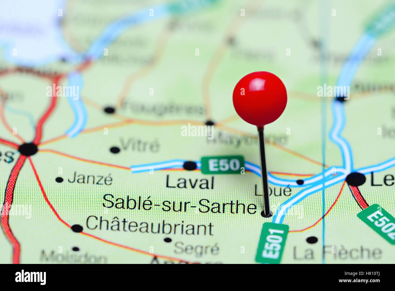 Sable-sur-Sarthe pinned on a map of France Stock Photo - Alamy