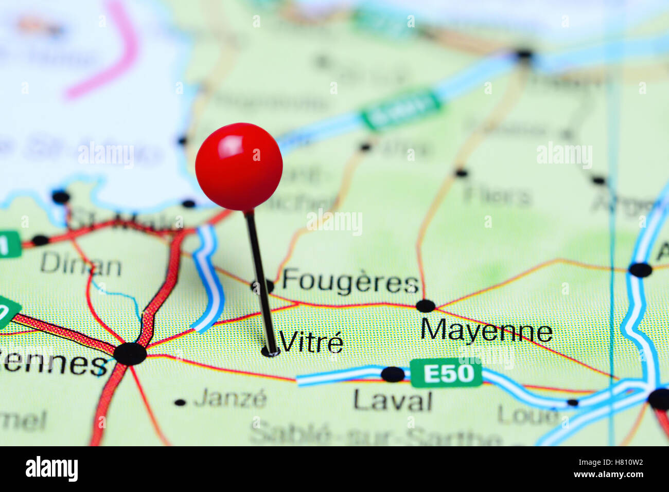 Vitre pinned on a map of France Stock Photo - Alamy