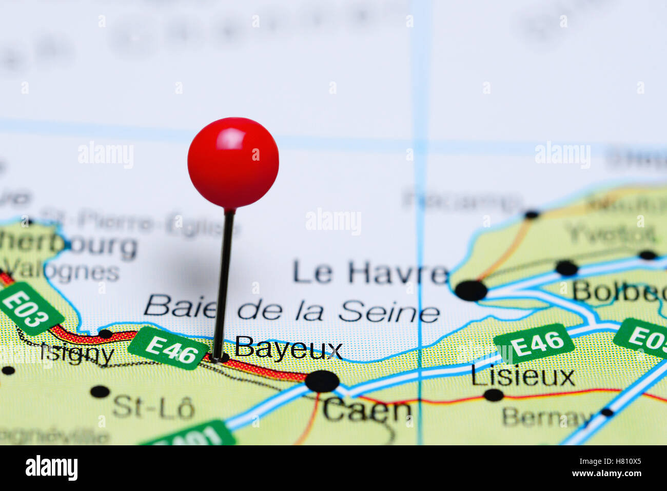 Bayeux pinned on a map of France Stock Photo - Alamy