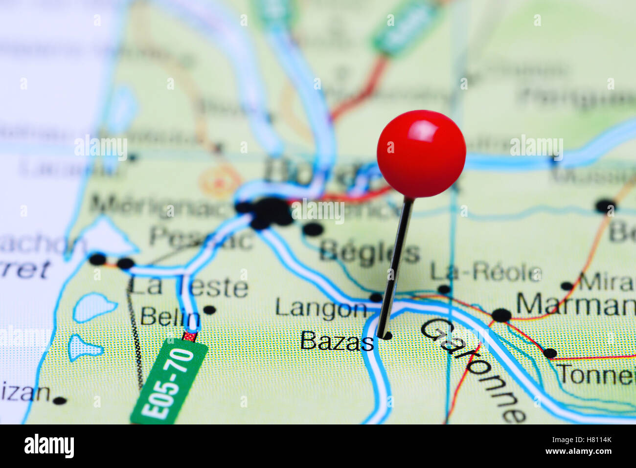 Bazas pinned on a map of France Stock Photo - Alamy
