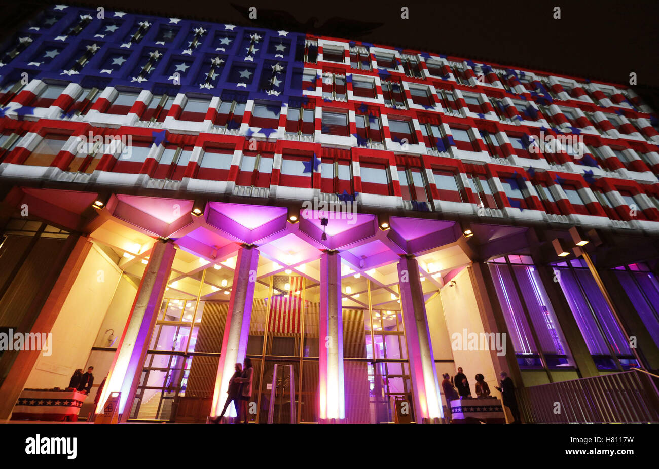 The US Embassy in London is lit up for the US presidential election ...