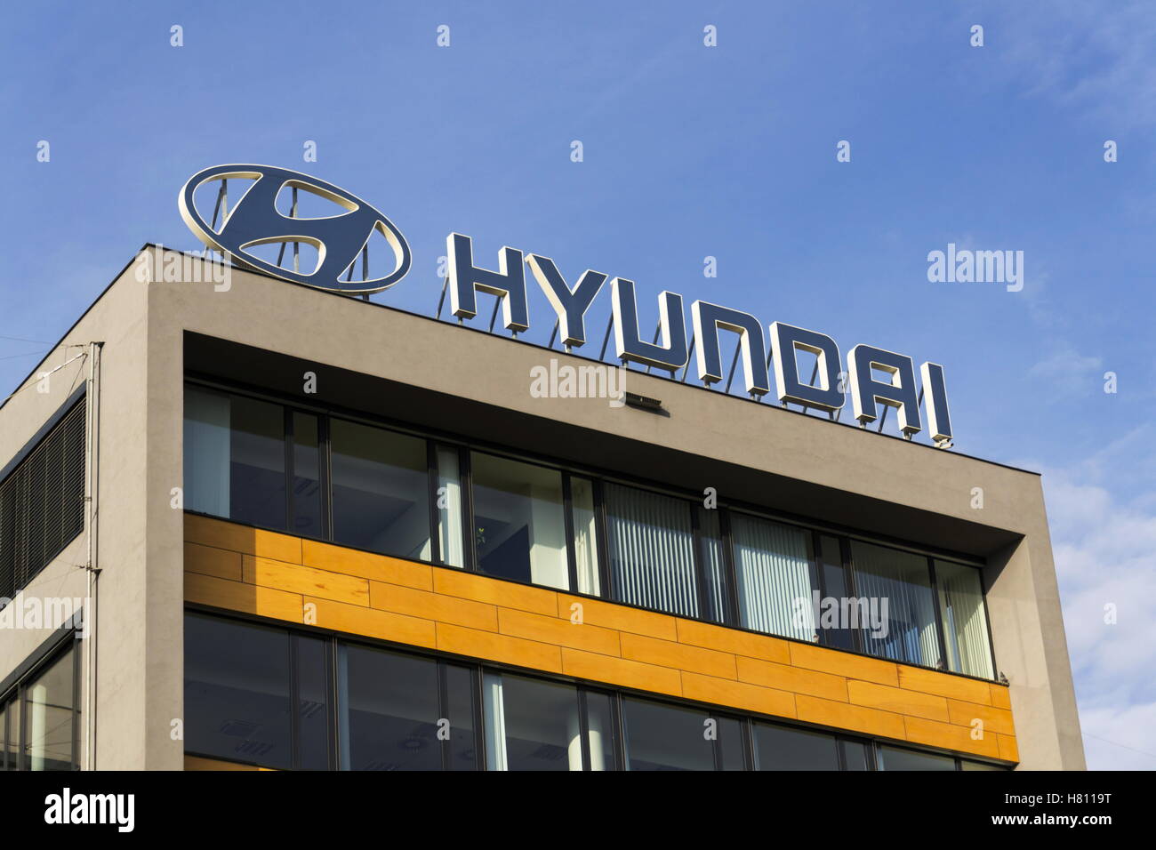 Hyundai company logo on Czech headquarters on November 7, 2016 in ...