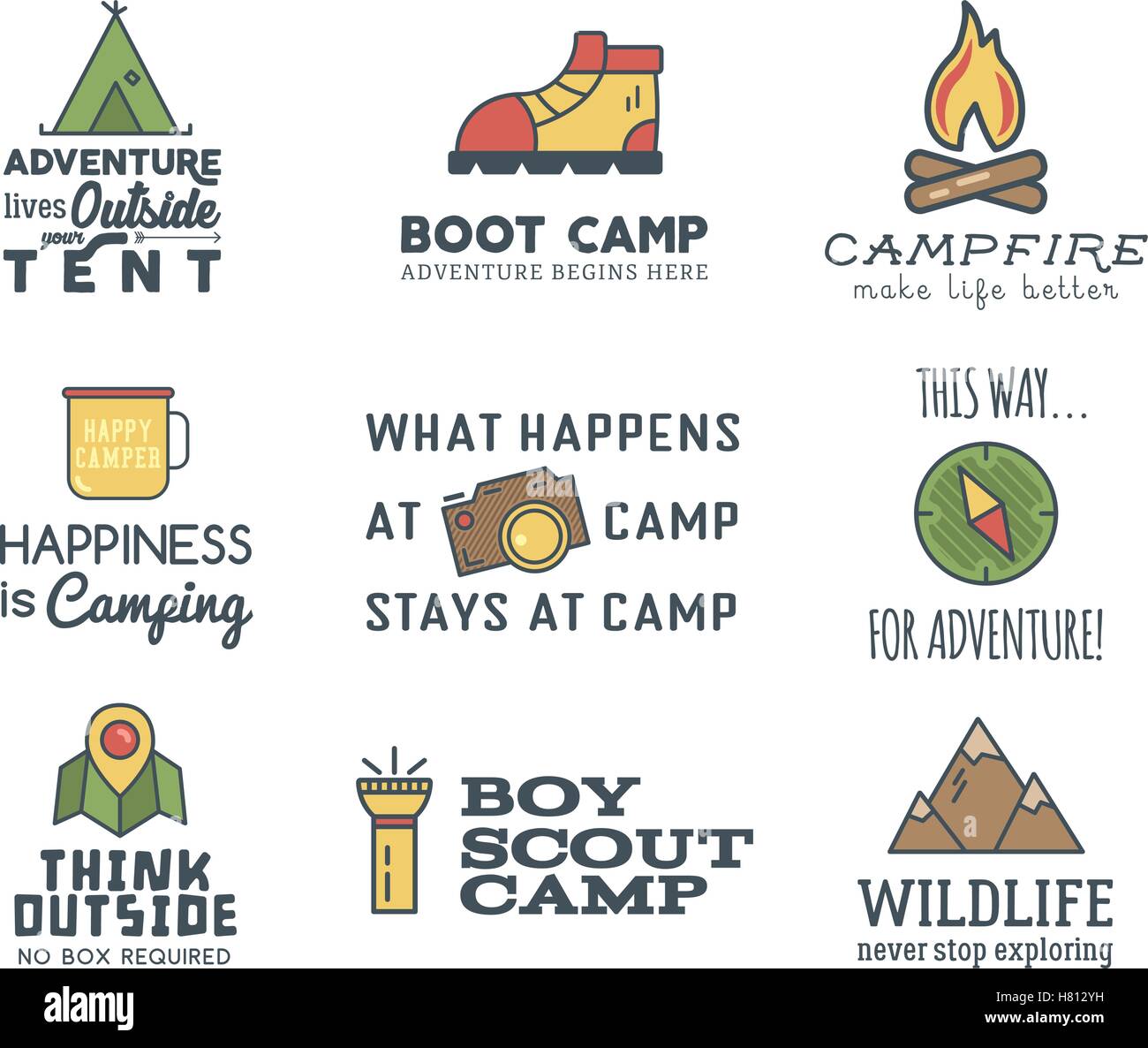Camping logo design set with typography and travel elements - compass ...