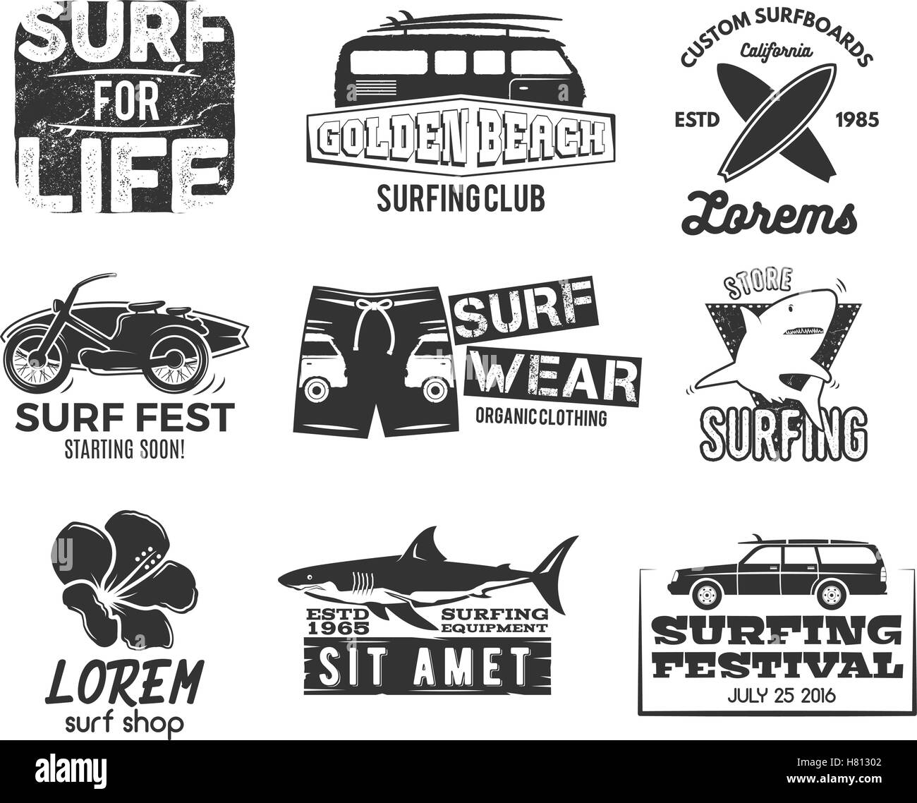 Set of Vintage Surfing Graphics and Emblems for web design or print ...