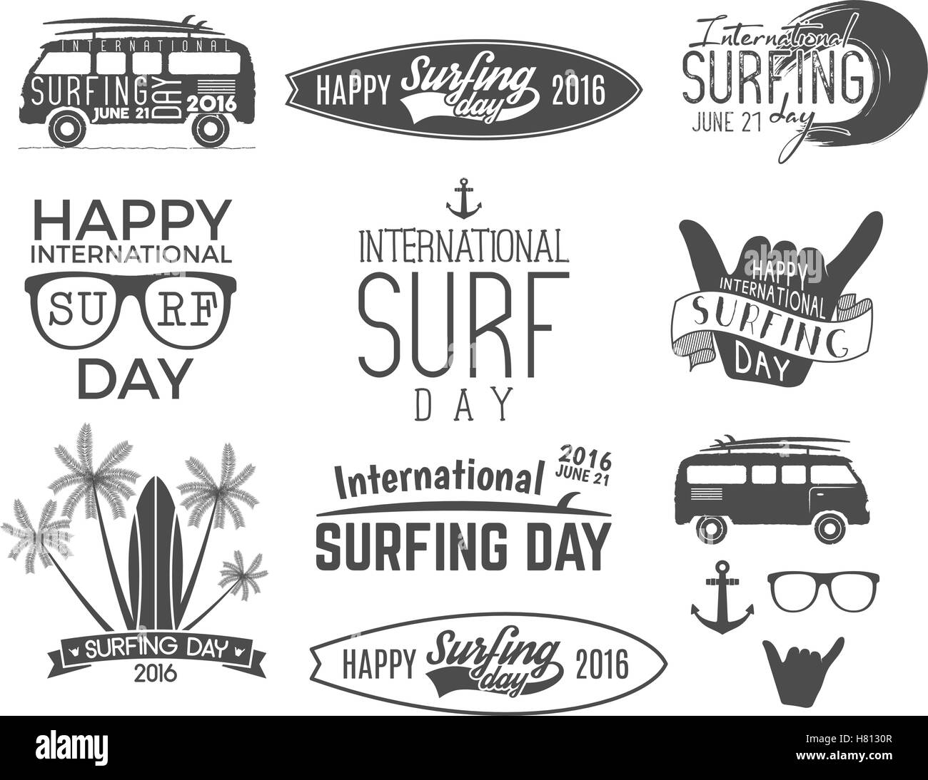 Summer surfing day graphic elements. Vector Vacation typography emblems ...