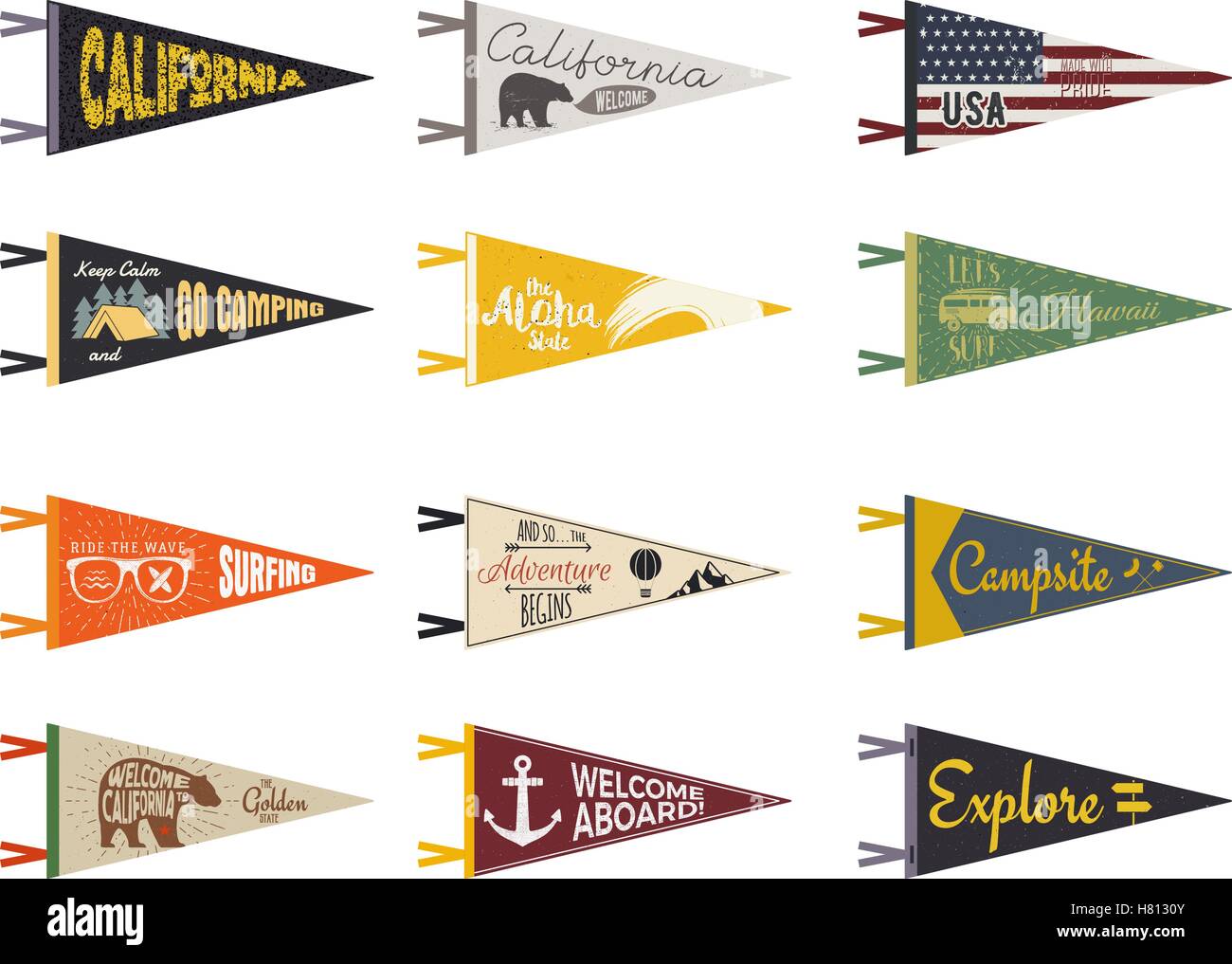 Set of adventure pennants. Pennant explore flags design. Vintage surf ...