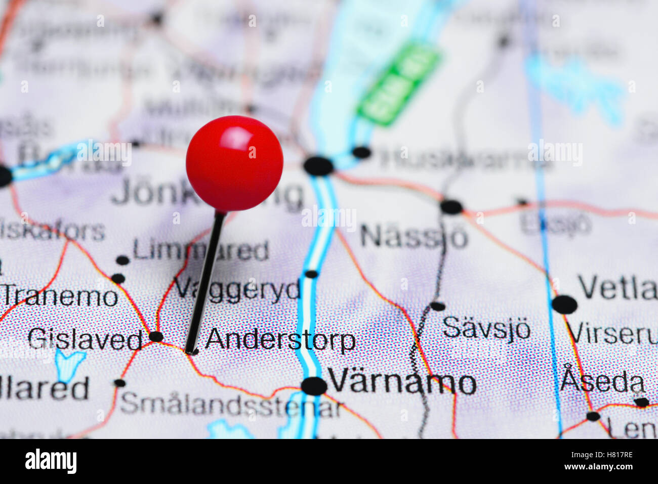 Anderstorp pinned on a map of Sweden Stock Photo - Alamy