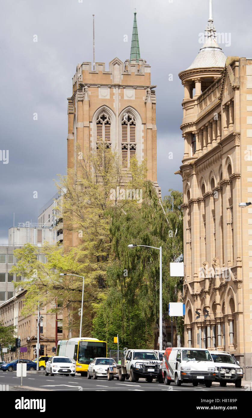 The view of Macquarie Street with a tower of St David's Cathedral ...