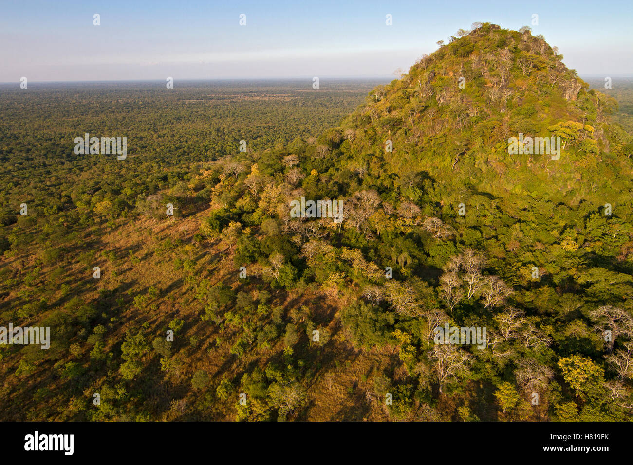 Inselberg rock formations rising from the rainforest, Gorongosa ...