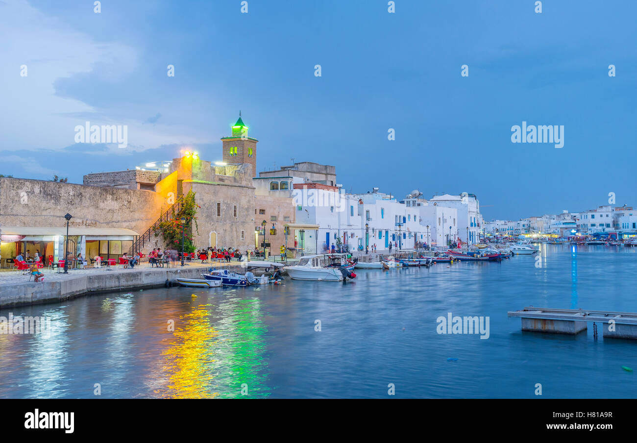 The evening Bizerte illuminated with the colorful lights, that reflect ...