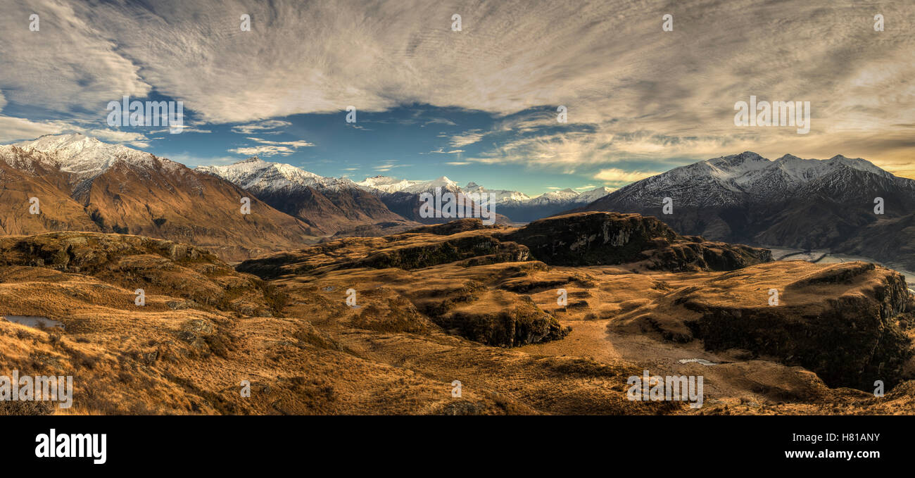 High cloud panorama over Matukituki Valley from Rocky Hill above ...