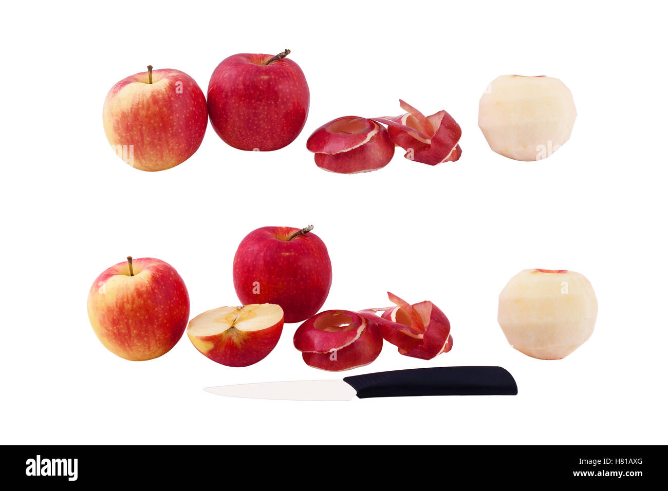 set of photos apples, peeled apple skin of the apple, cut apple, knife ...