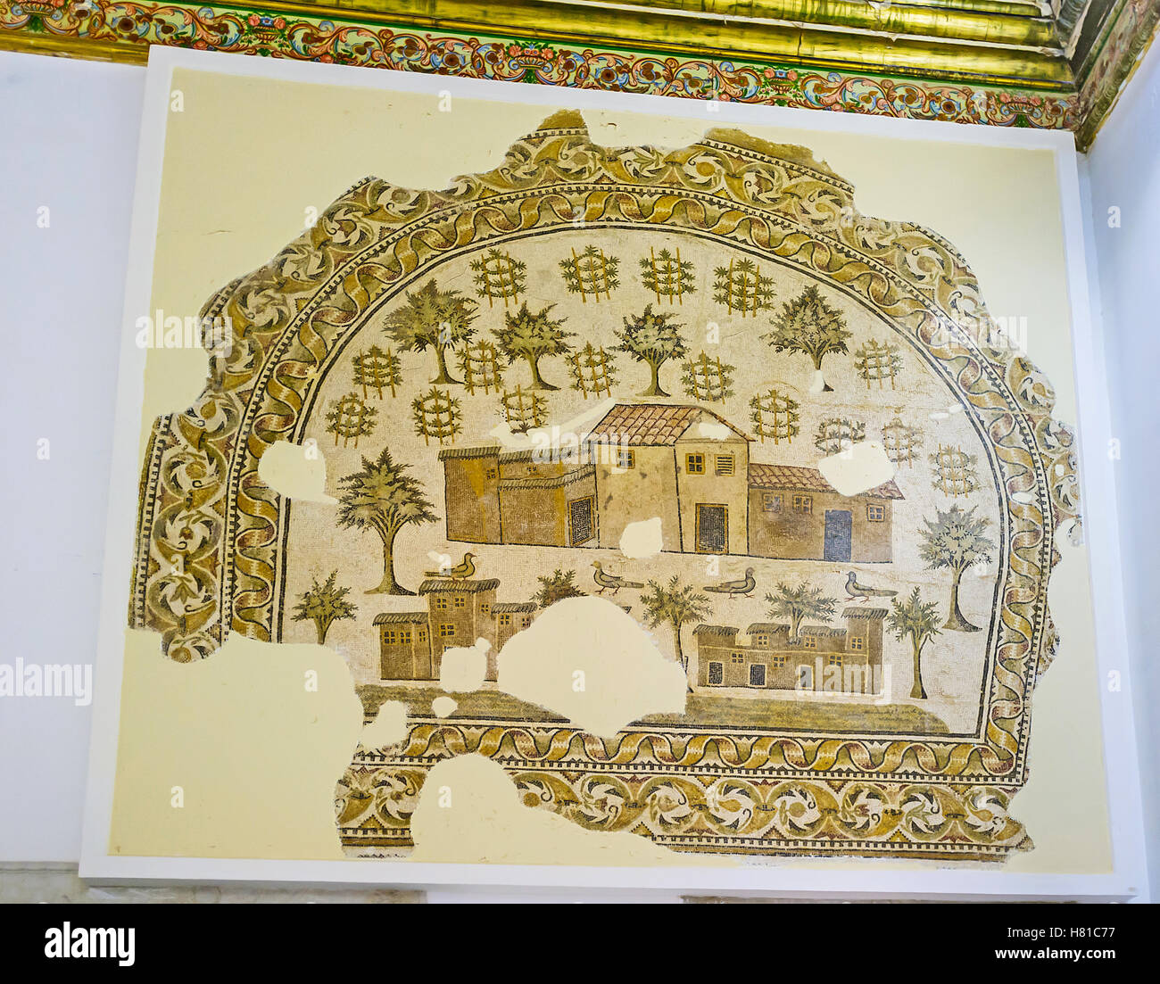 The ancient mosaic depicts the Roman villa and farm, surrounded by the ...