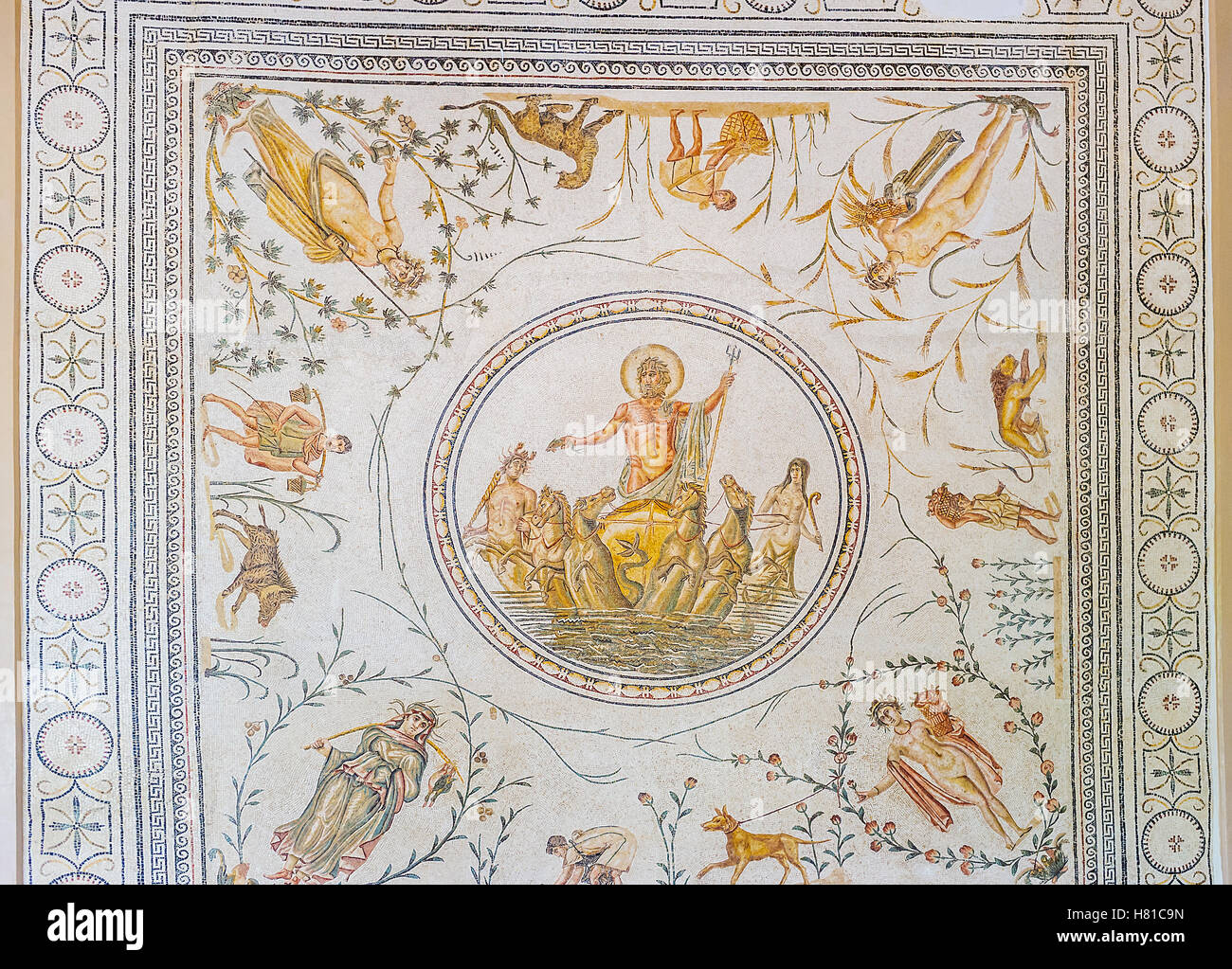 The mosaic depicts the Roman God Neptune in his chariot drawn by the ...