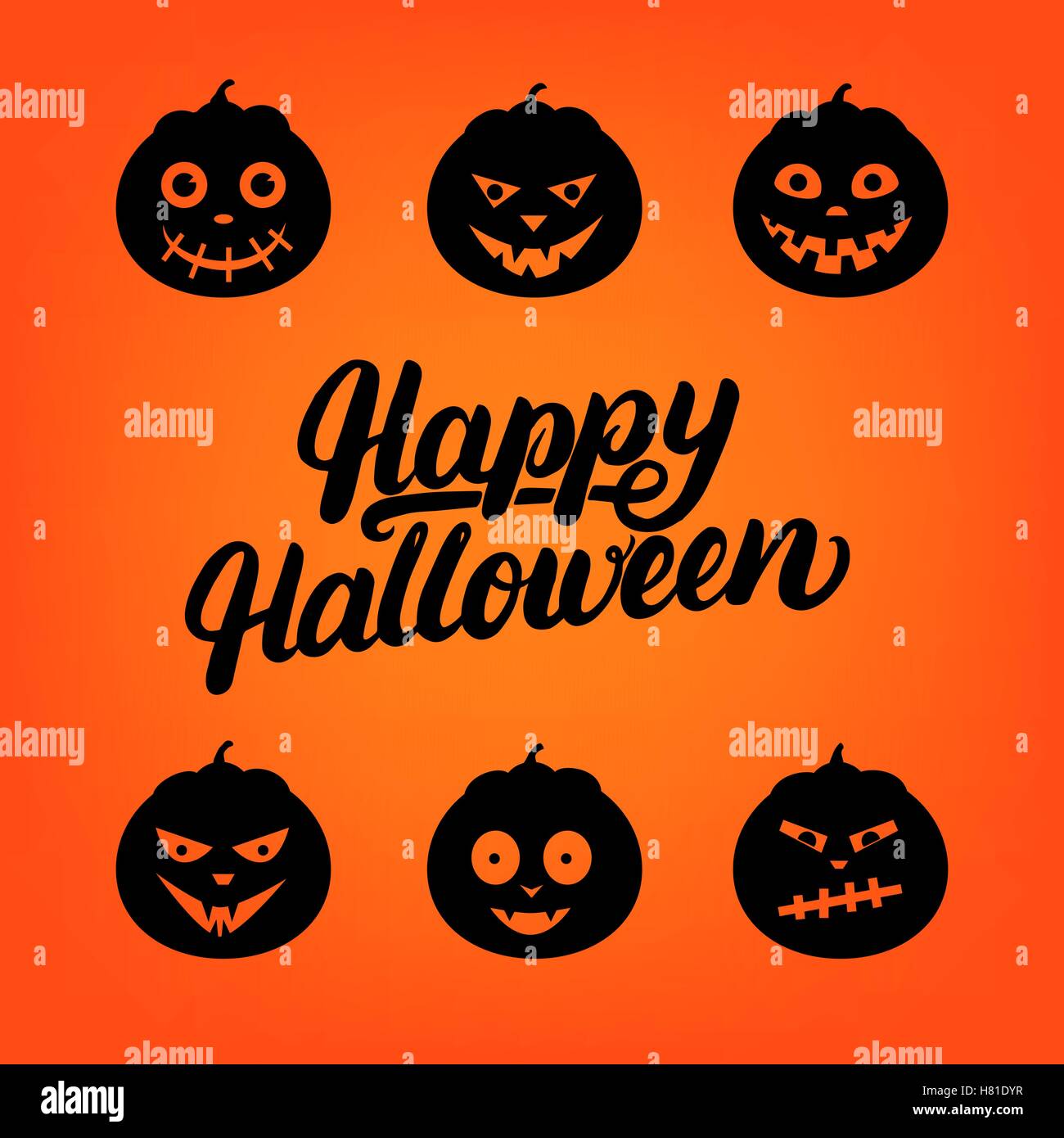 Happy Halloween hand written lettering card with set of 6 jack o ...