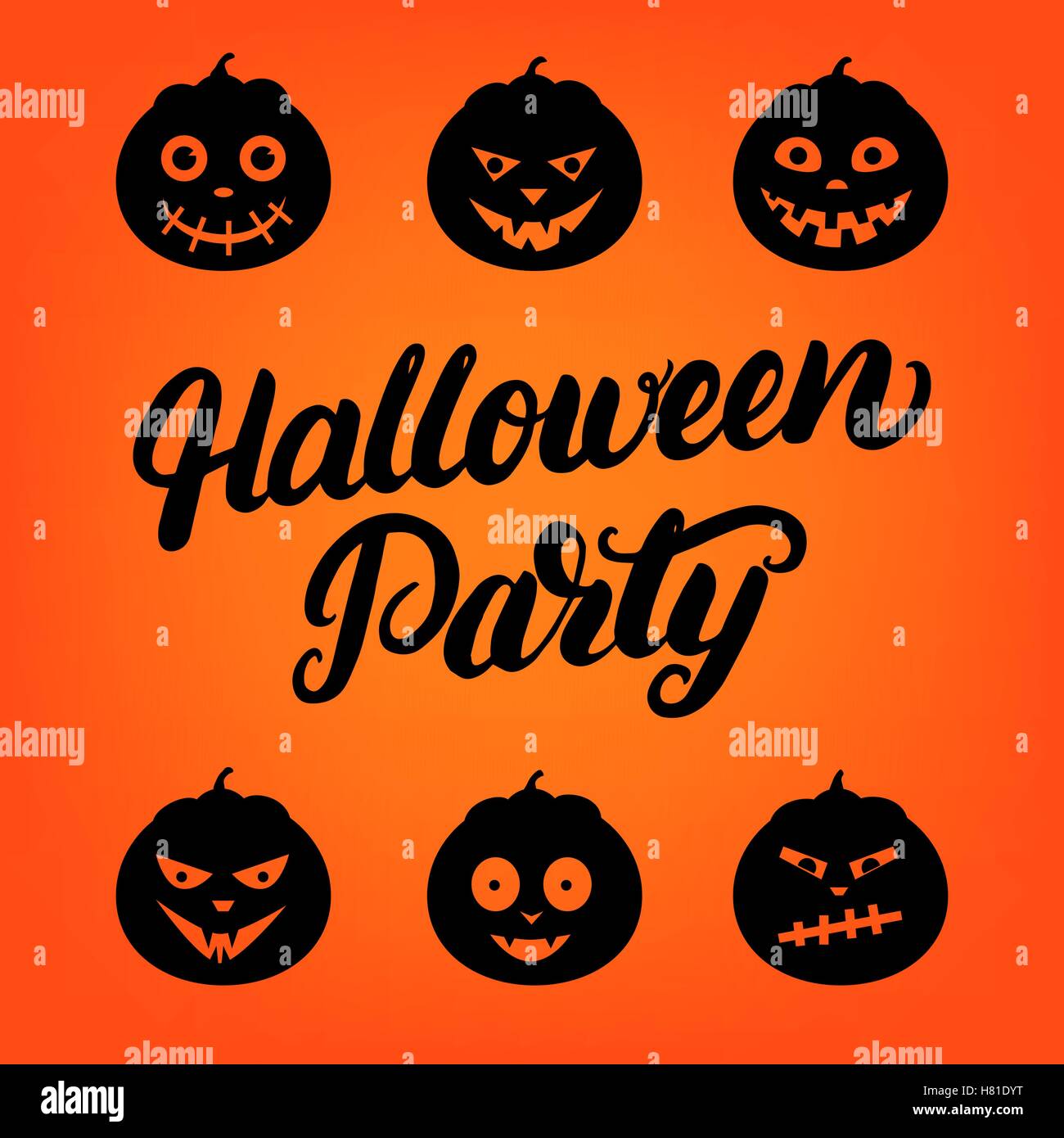 Halloween Party hand written lettering card with set of 6 jack o ...