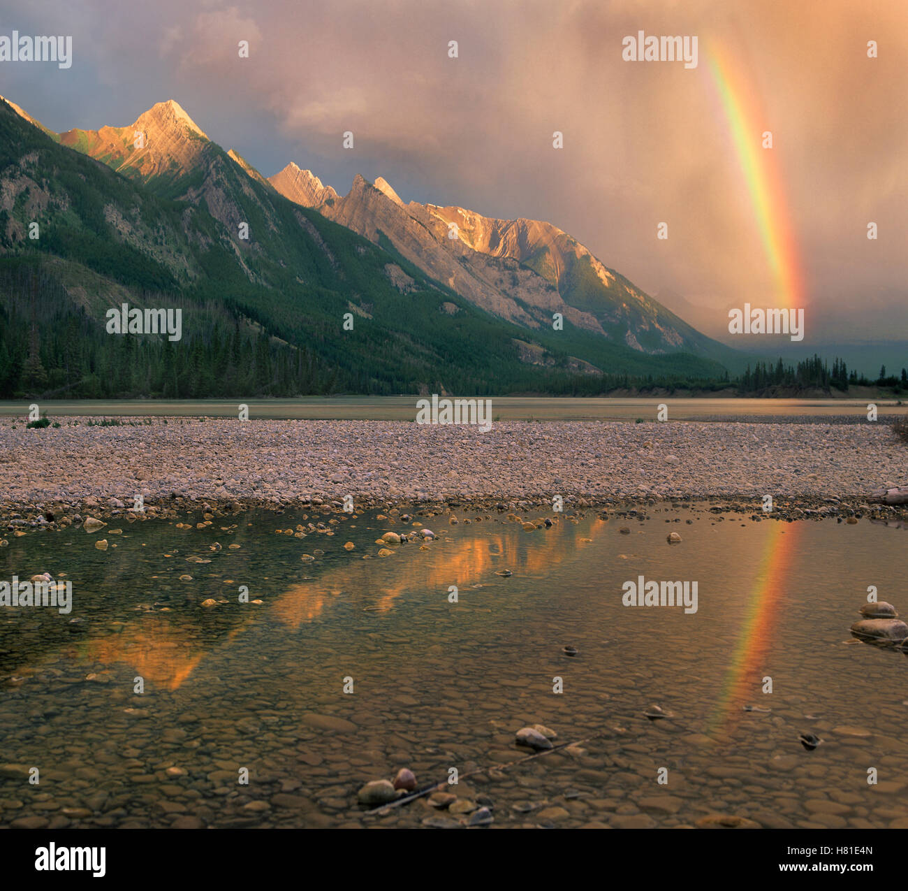 Rainbow over Athabasca River, Colin Range, Jasper National Park ...