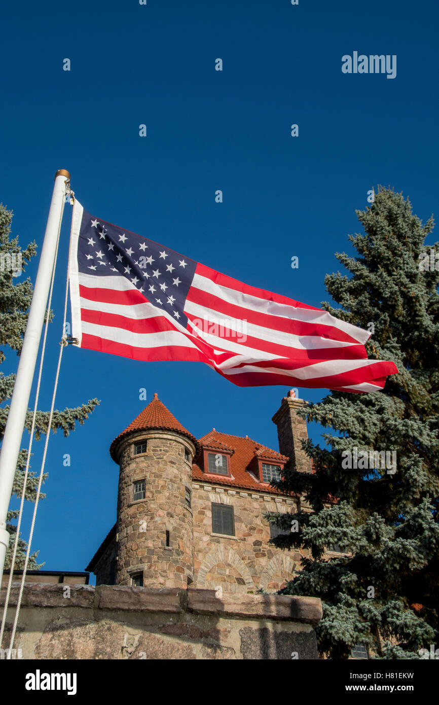 New York, Chippewa Bay, Hammond, Dark Island. US flag in front of ...
