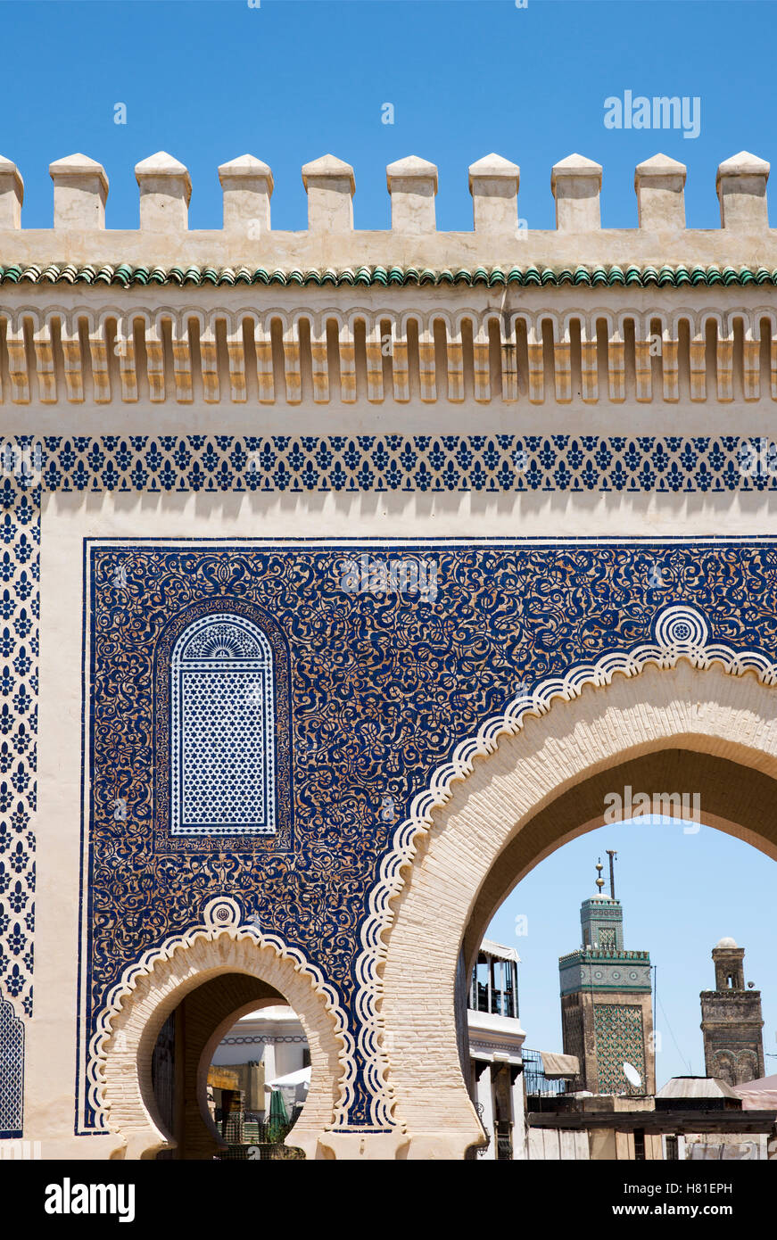 Morocco,Fez, Bab Boujeloud, built 1913 monumental gate and principal ...