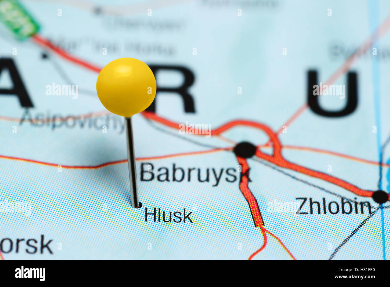 Hlusk pinned on a map of Belarus Stock Photo - Alamy