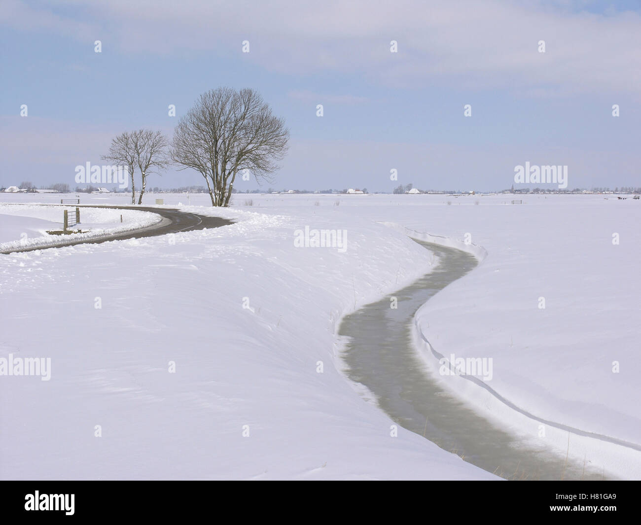 Path through snowy winter landscape, Friesland, Netherlands Stock Photo ...