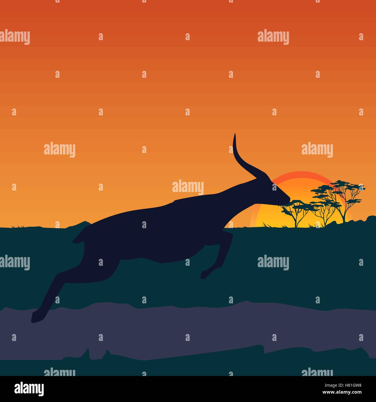 Orange evening savanna scenery. Silhouette of the running antelope ...
