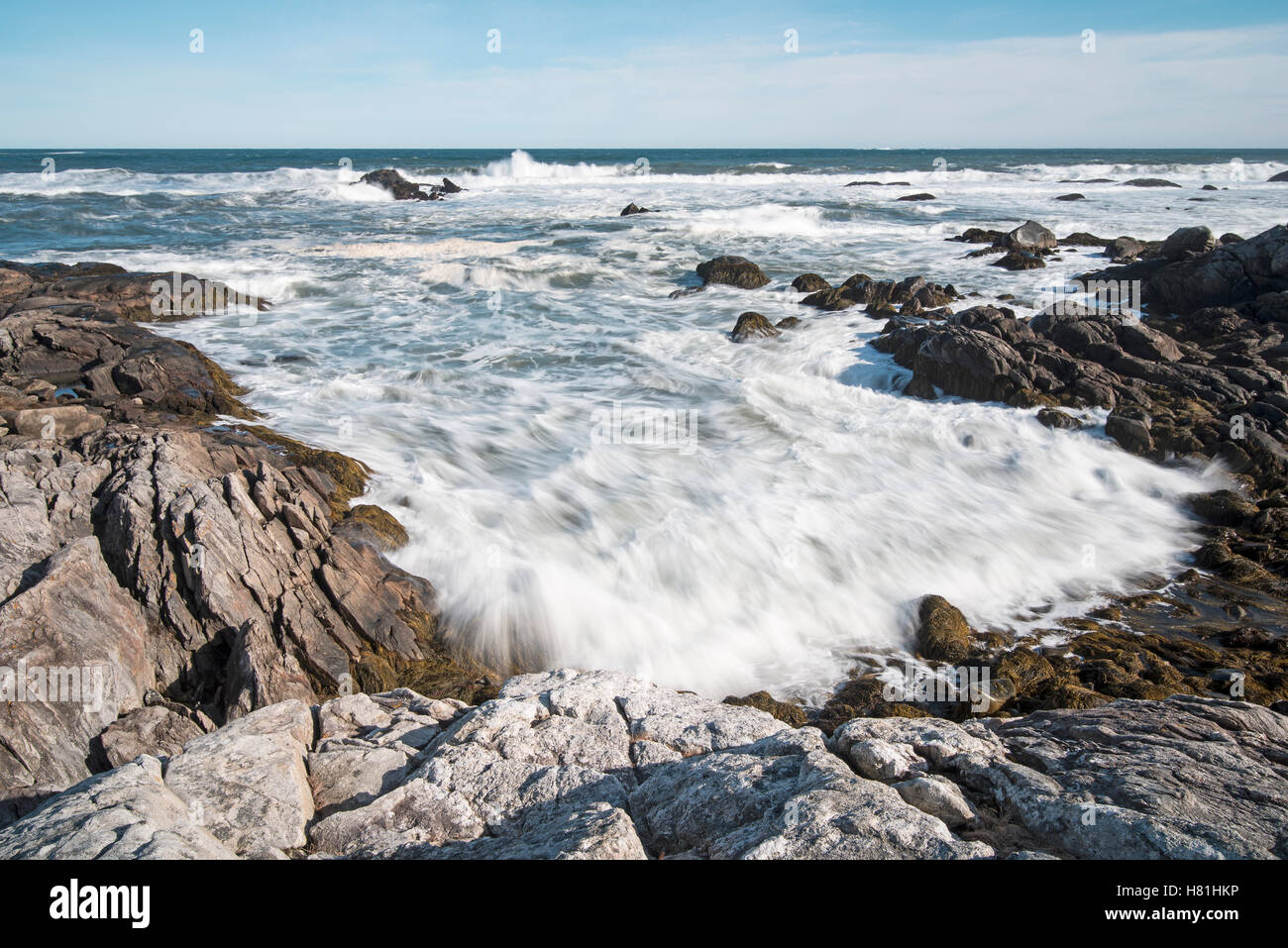 Waves washing up on rocky coast, Kejimkujik National Park, Nova Scotia ...