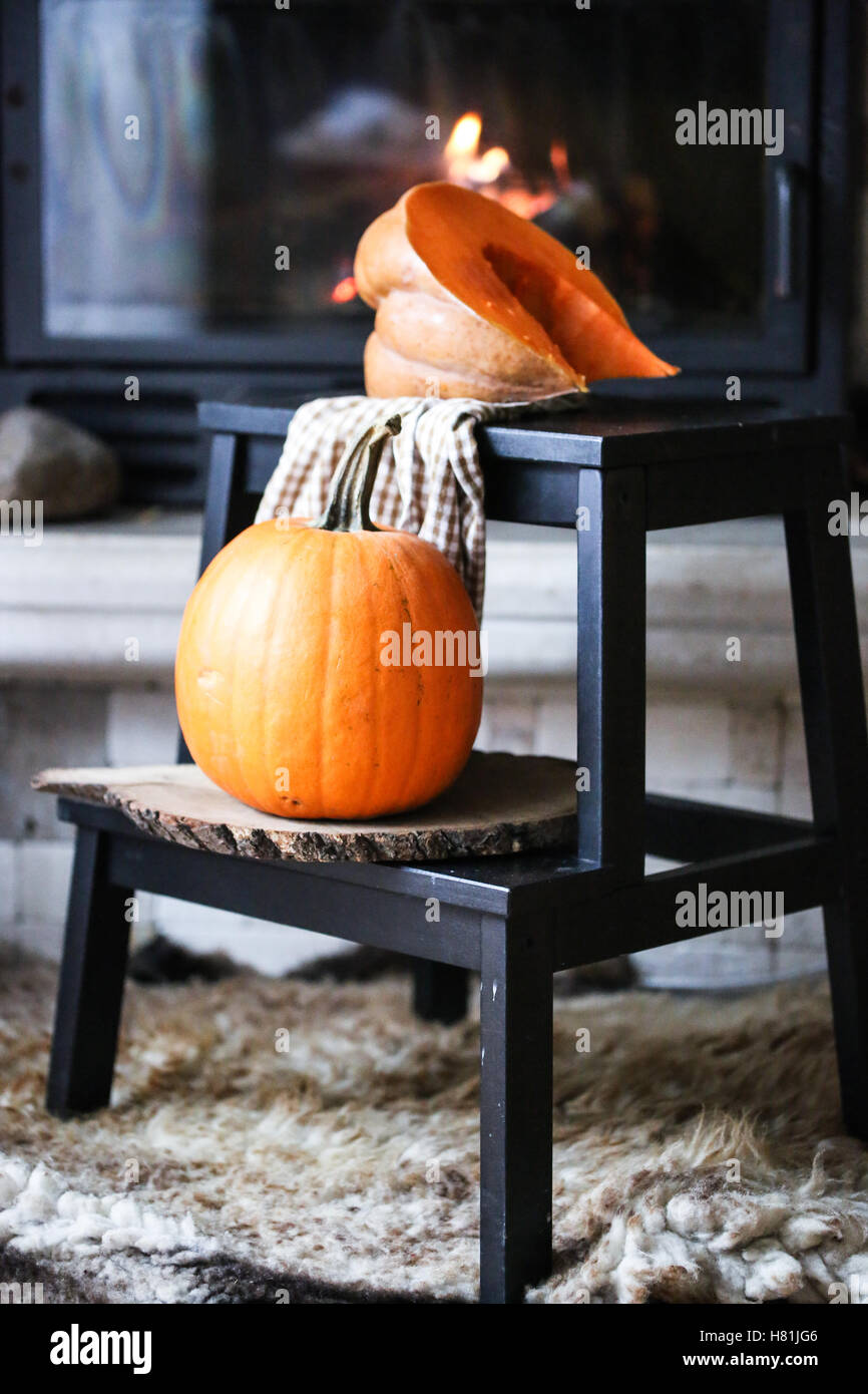 Pumpkin on a stool Stock Photo - Alamy