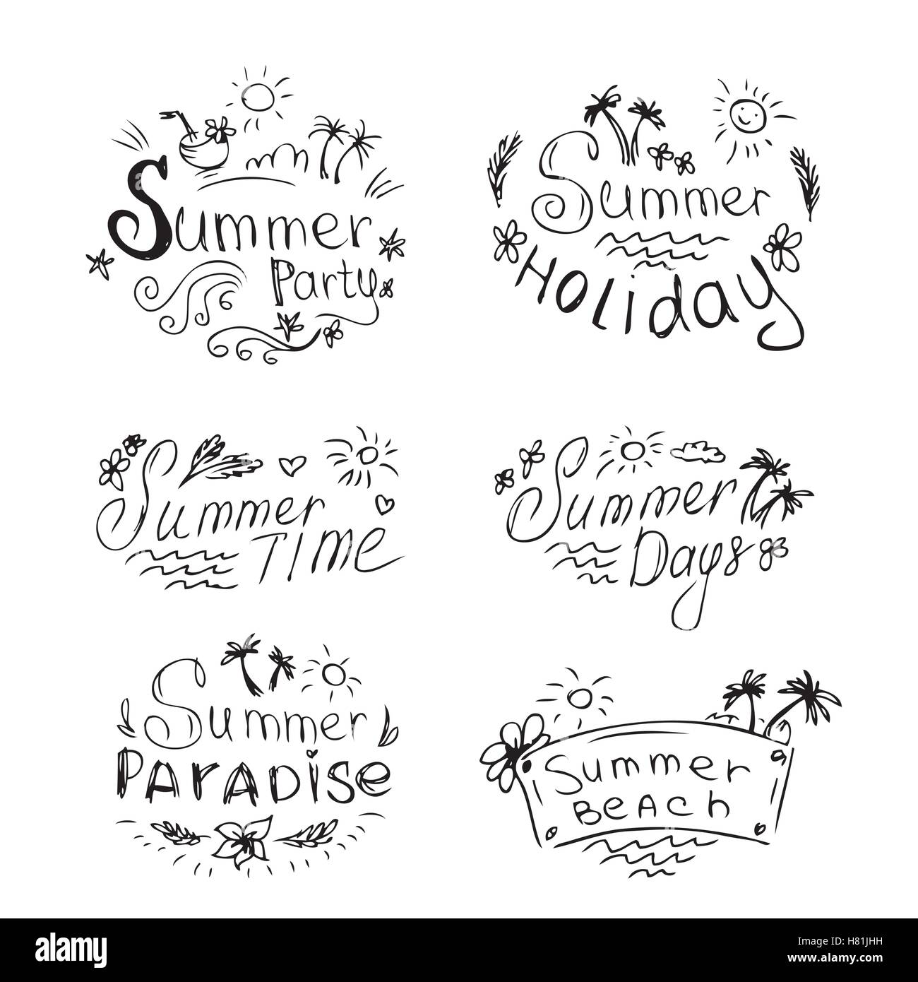 Vector set of summer travel and vacation emblems and symbols, hand ...