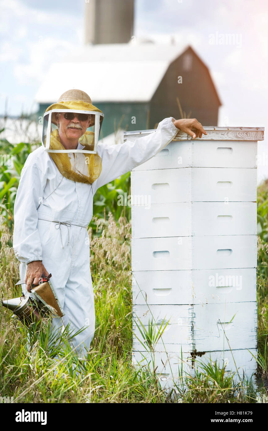 beekeeper standing beside beehive Stock Photo - Alamy