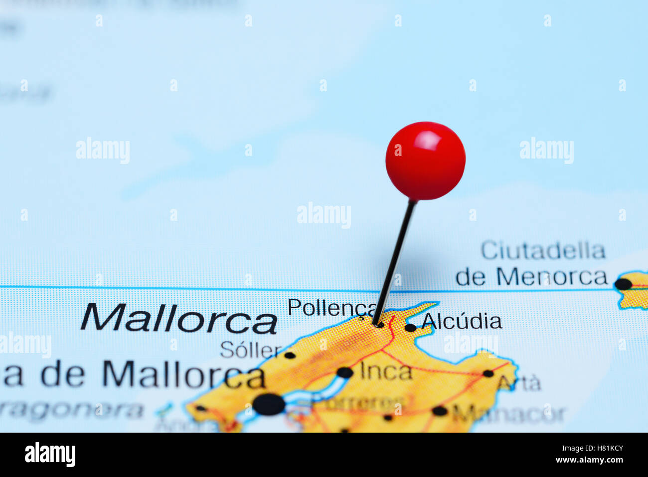 Pollenca pinned on a map of Spain Stock Photo - Alamy