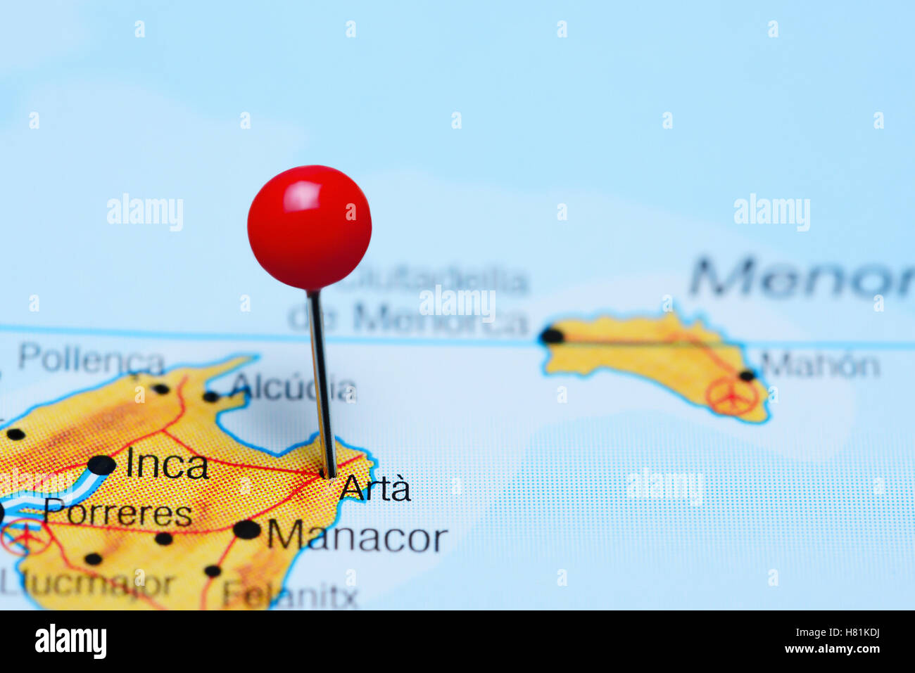Arta pinned on a map of Spain Stock Photo - Alamy